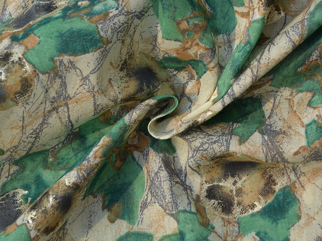Precut of Leaf Green & Cream Floral Pure Mul Mul Cotton Fabric