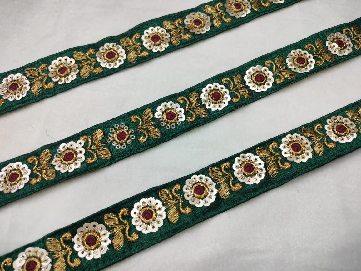 Dark Green Sequence Thread Work Lace