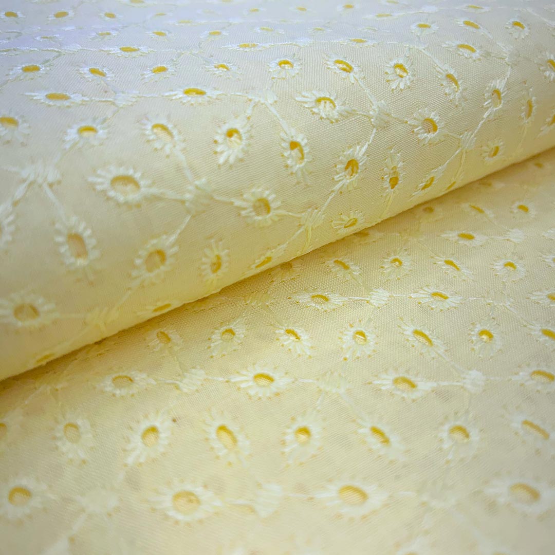 Light Yellow Floral Embroidered Cotton Hakoba Fabric Wholesale