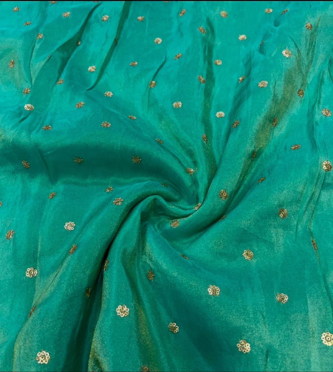 Deep Sea Motifs Flower Butti Embroidered Viscose Gold Tissue Silk Fabr