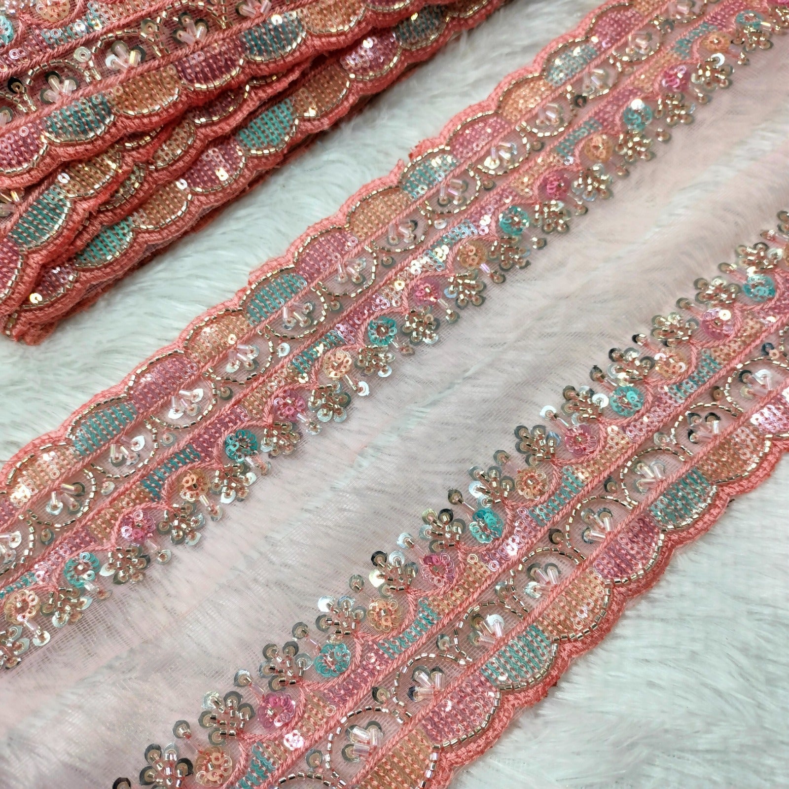 Coral Pink Multicolor Embroidery Trim