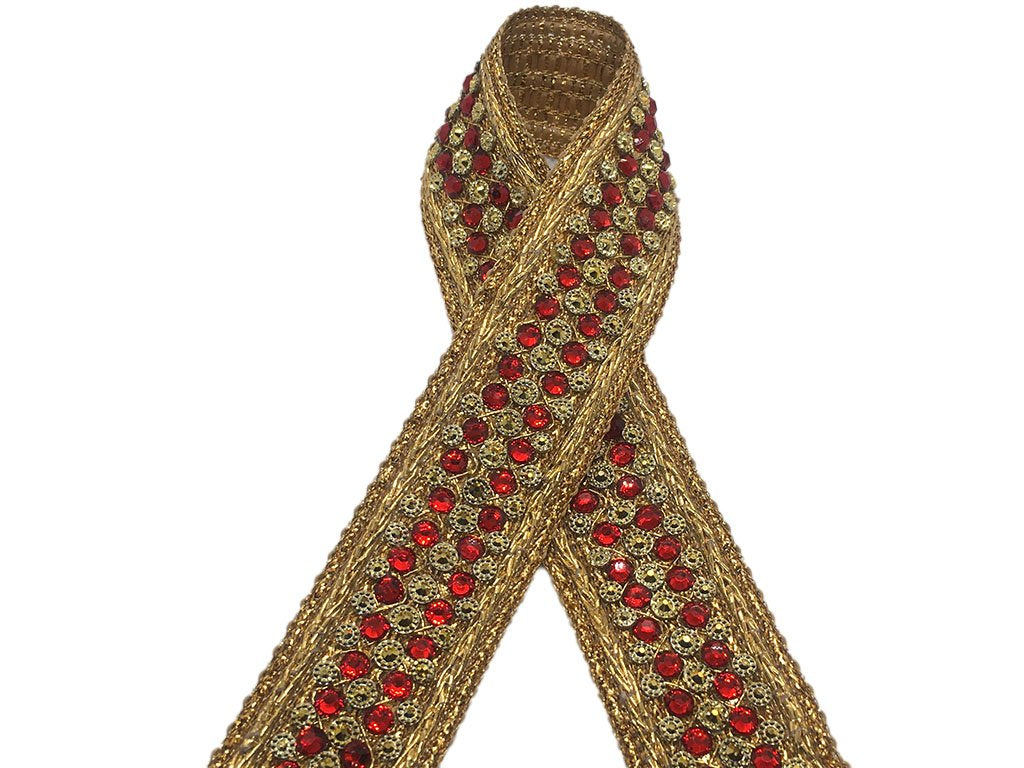 Golden Red Designer Stone Work Embroidered Border