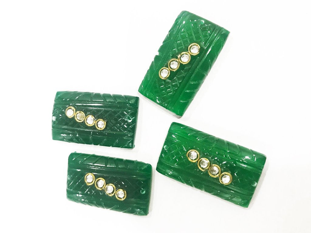 Dark Green Enamel Fill Kundan Work Rectangular Plastic Show Buttons (3