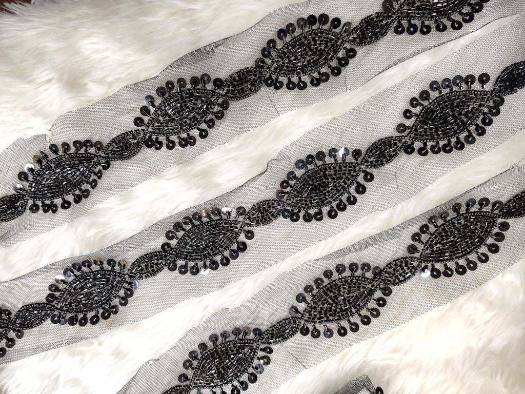 Black Cutdana Beads and Sequins Work Embroidered Border
