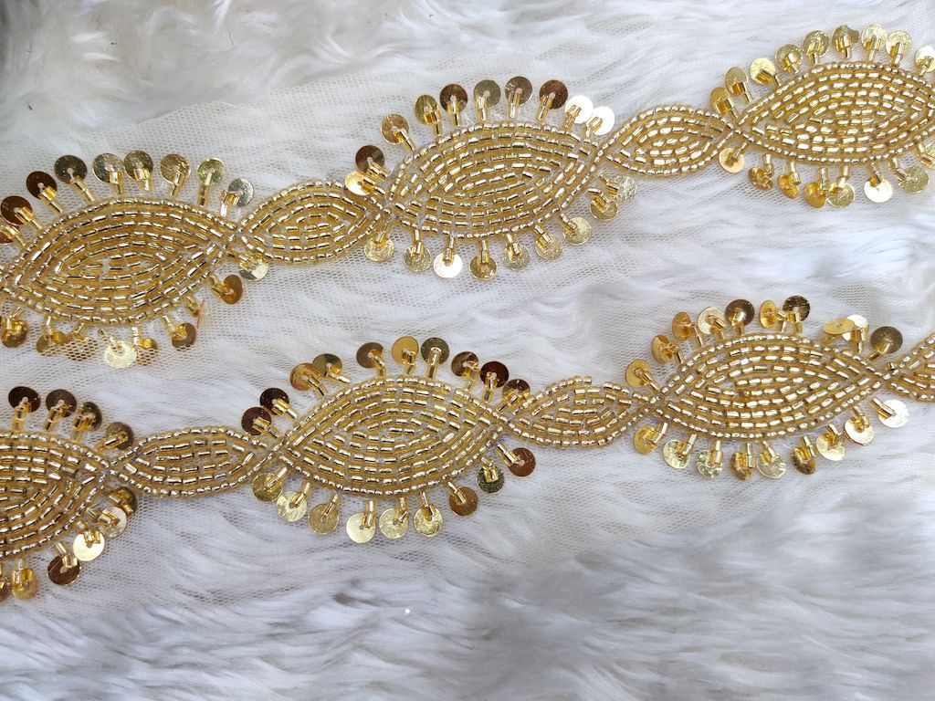 Golden Cutdana Beads and Sequins Work Embroidered Border
