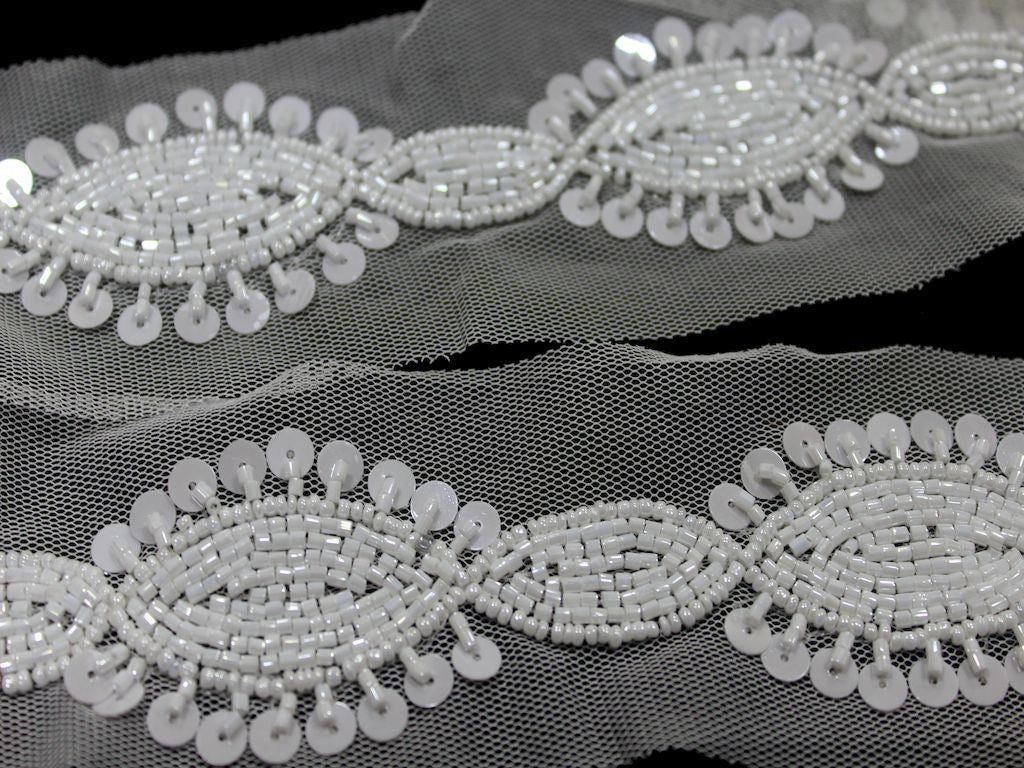 White Cutdana Beads and Sequins Work Embroidered Border