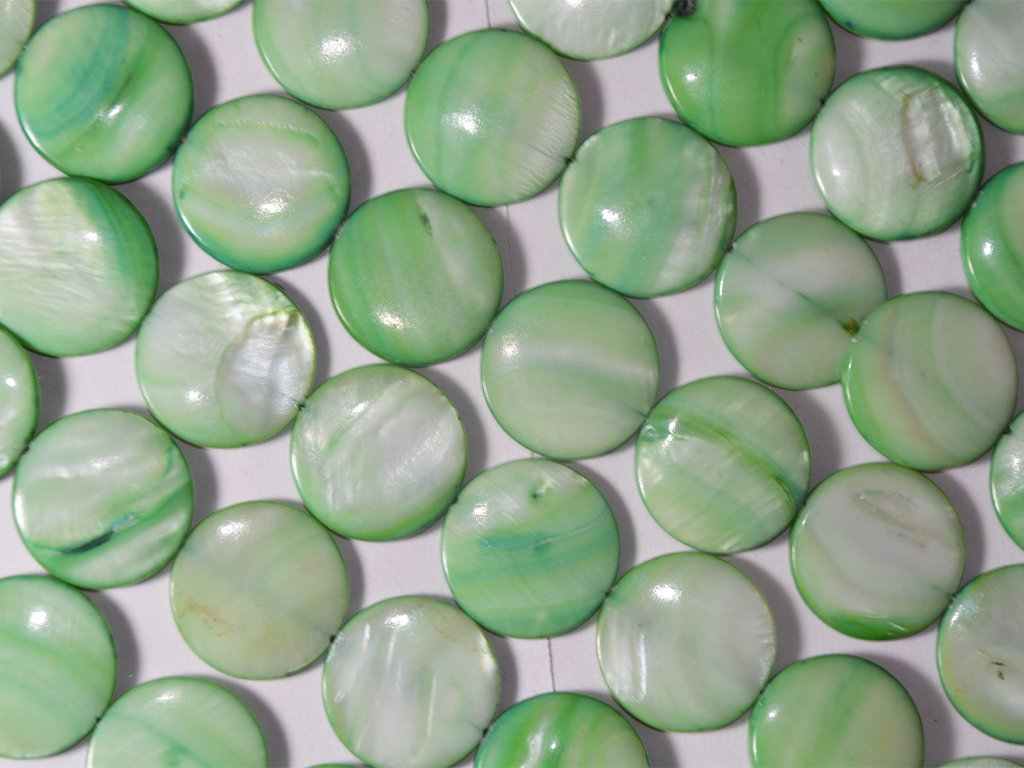 Pastel Green Flat Circular Designer Glass Shell Beads- 20 mm