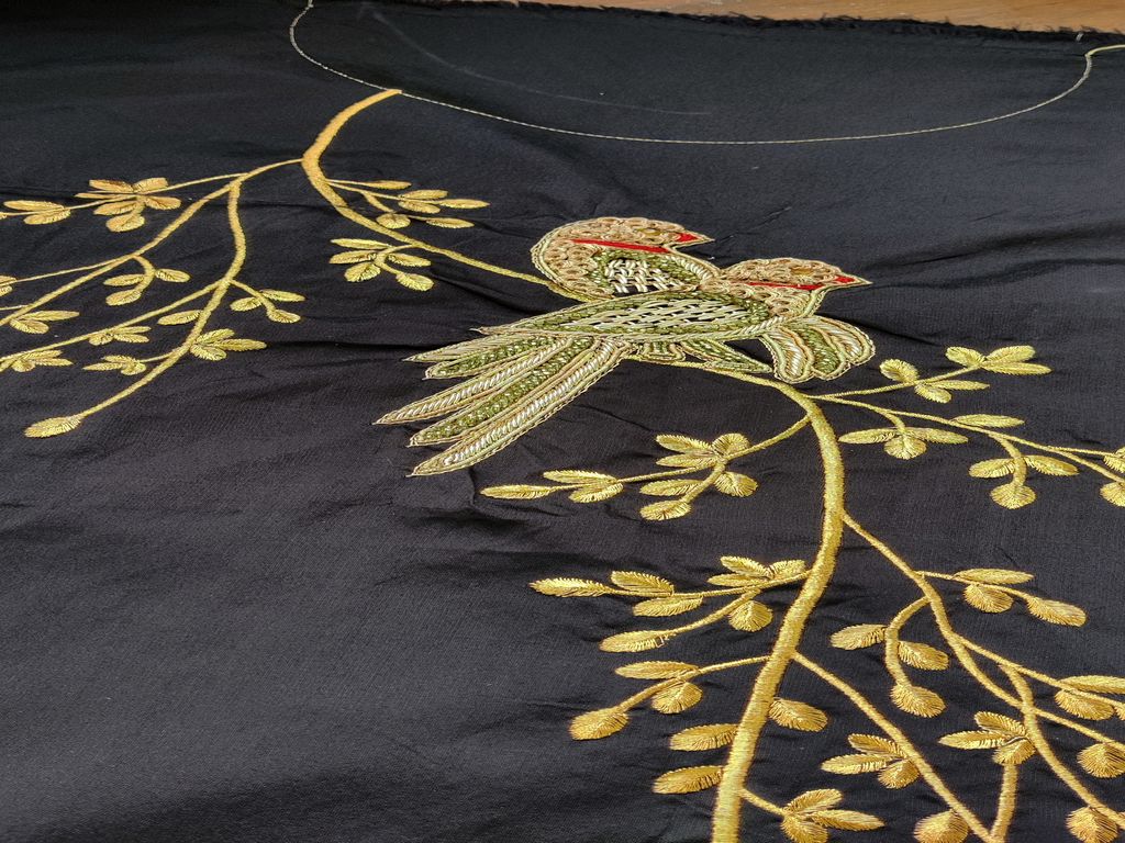 Black Taffeta Silk Golden Bird Designer Handwork Patch