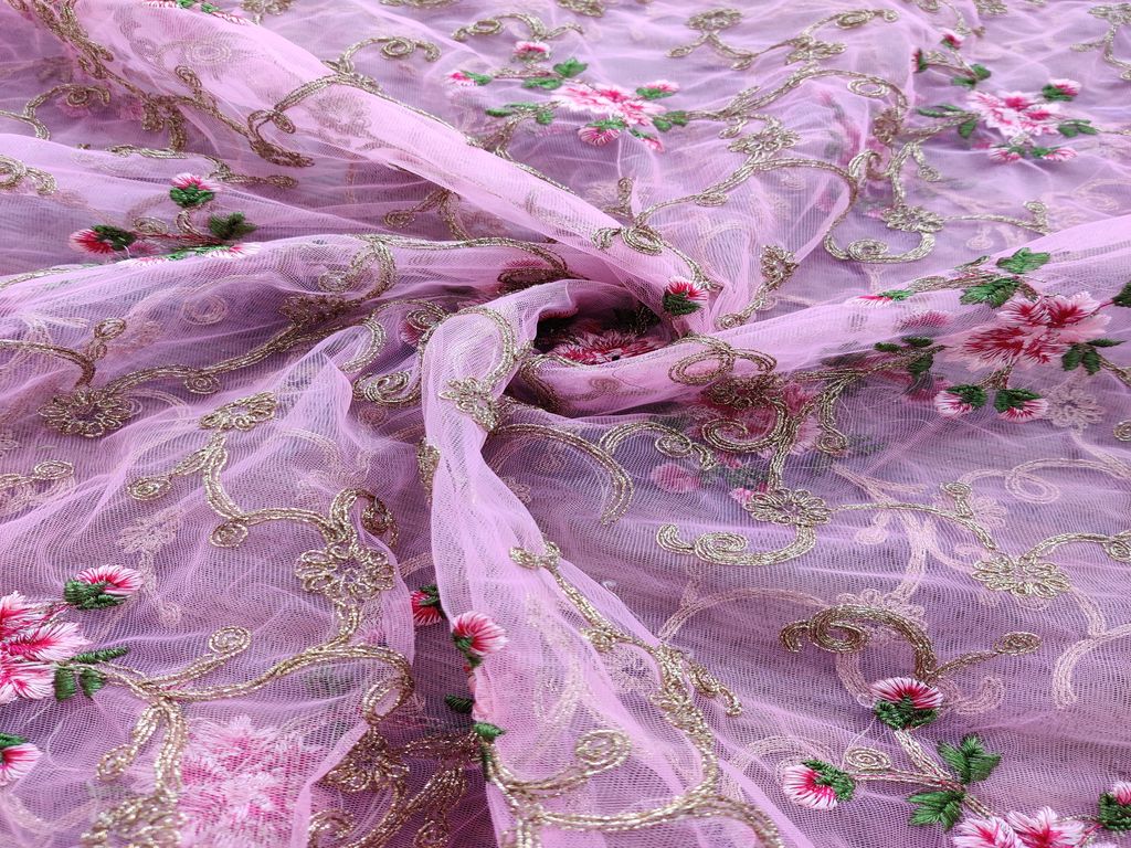Pink Golden Dori Jaal And Thread Motifs Embroidered Net Fabric